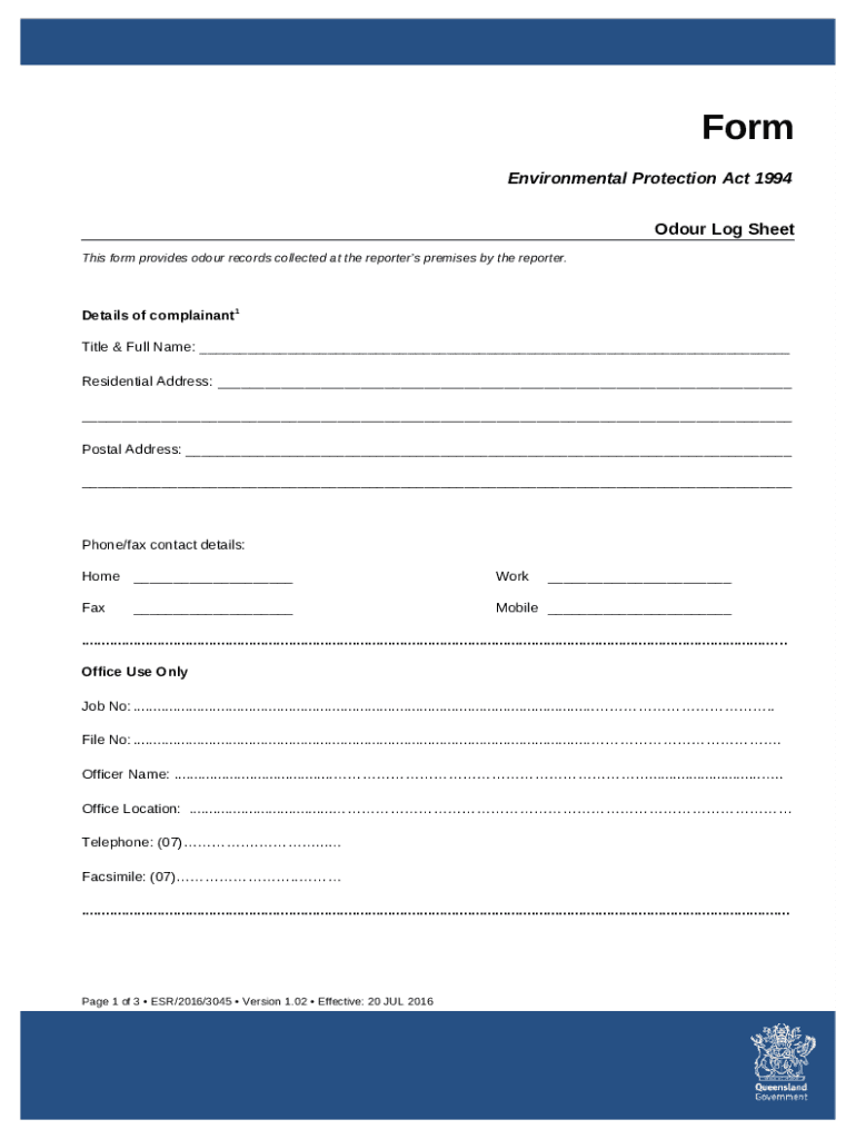 ESR/2016/3045 -Odour Log Sheet. This provides odour records collected ...