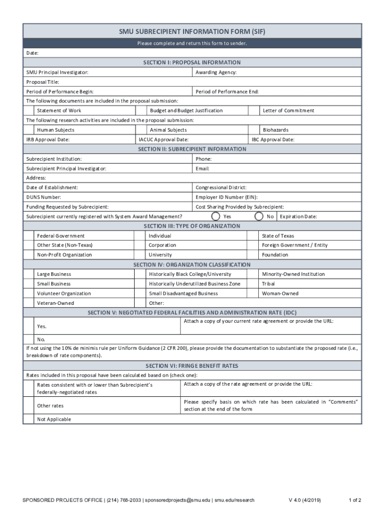Fillable Online SMU SUBRECIPIENT INFORMATION FORM (SIF) Fax Email Print ...