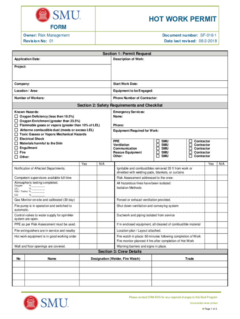Fillable Online HOT WORK PERMIT - SMU Fax Email Print - pdfFiller