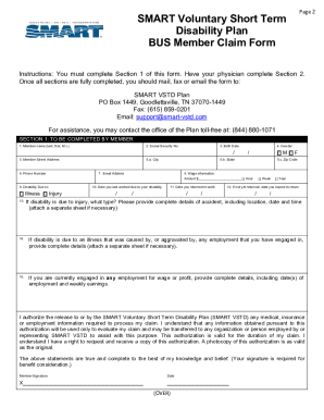 Fillable Online SMART Voluntary Short Term Disability Plan Rail Member ...
