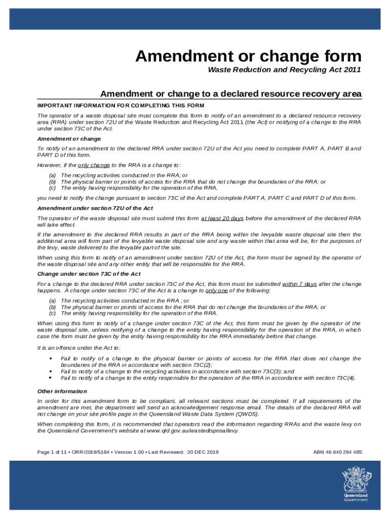 Amendment or change to a declared resource recovery area notification ...
