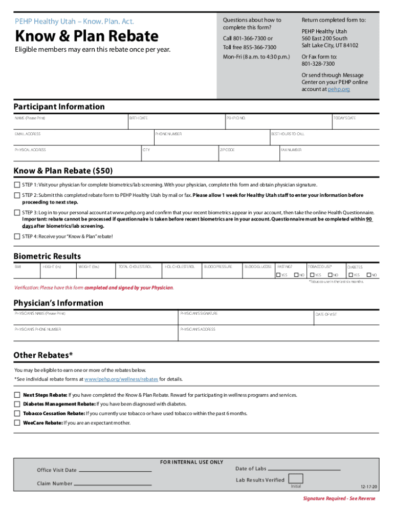 Fillable Online PEHP Healthy UtahKnow. Plan. Act. Return completed form ...