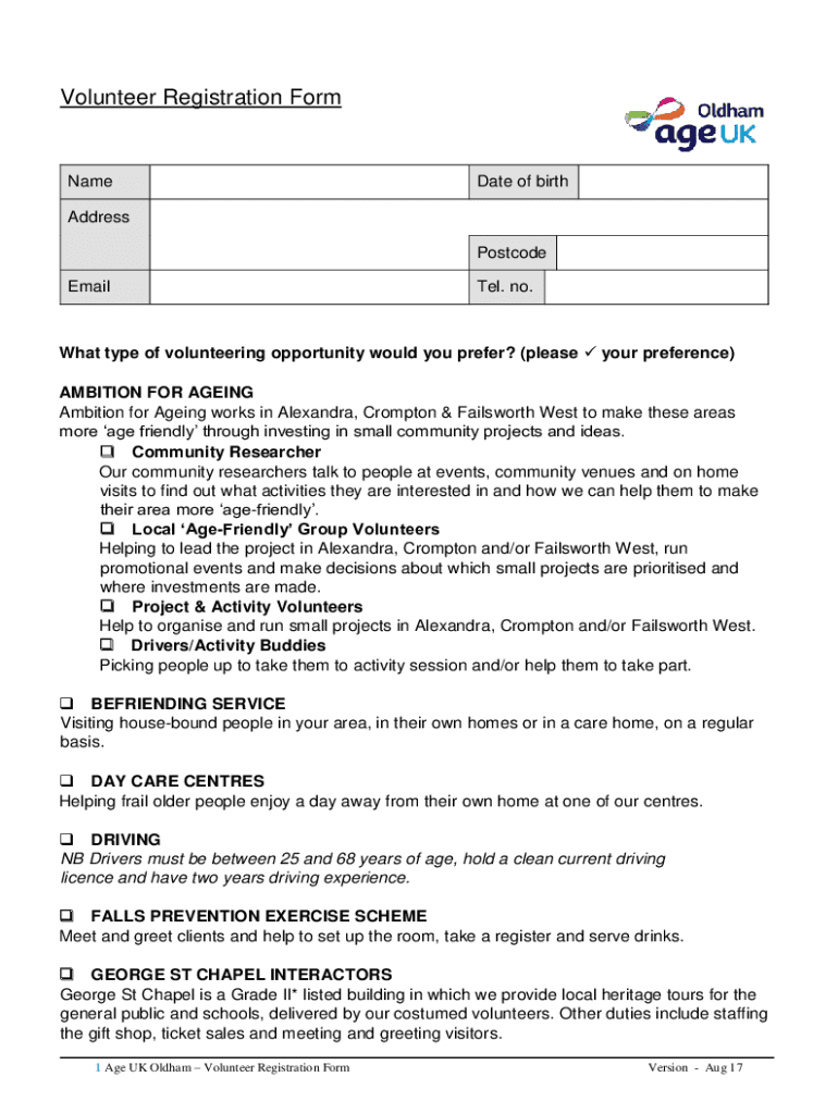 Fillable Online Age UK Oldham Volunteer Registration Form Fax Email Print - pdfFiller