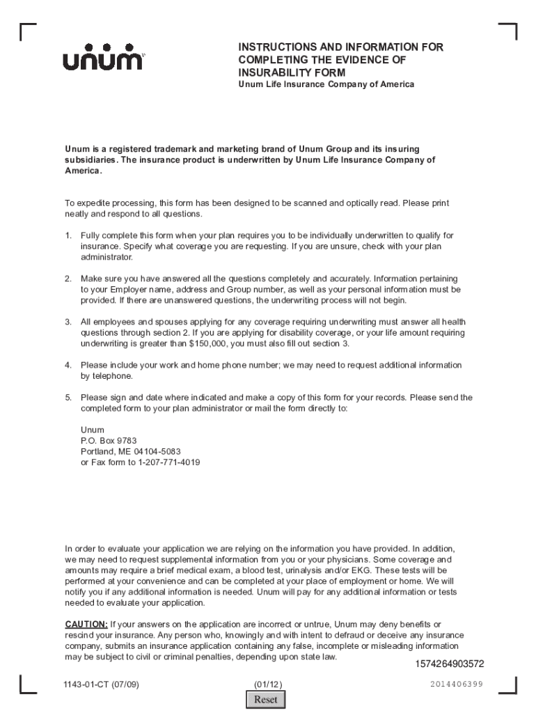 Fillable Online Unum Voluntary Life Insurance Evidence of Insurability ...