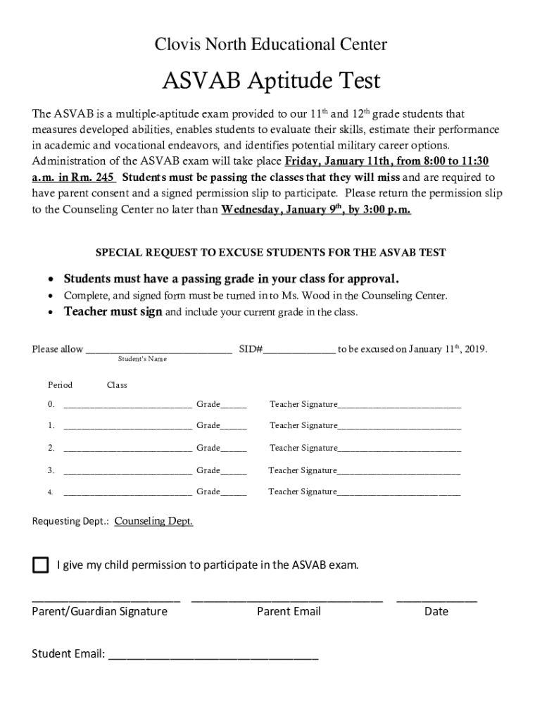 Fillable Online Clovis North Educational Center - ASVAB Aptitude Test ...