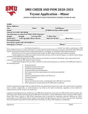 Fillable Online SMU CHEER AND POM 2020 2021 Tryout Application Minor ...
