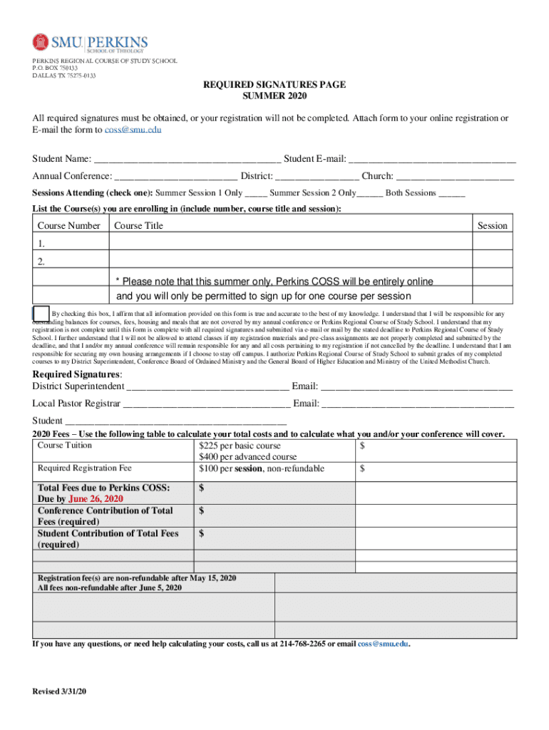 Fillable Online Summer 2020 Signature Form - smu.edu Fax Email Print ...