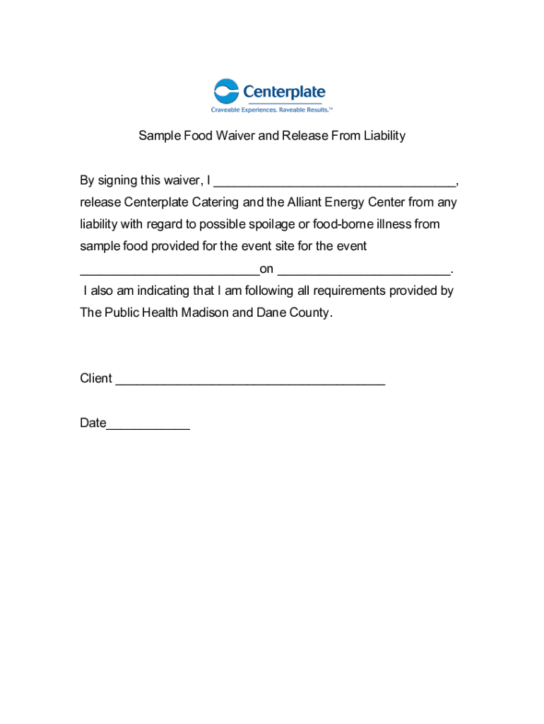 Fillable Online Sample Food Waiver and Release From Liability By ...