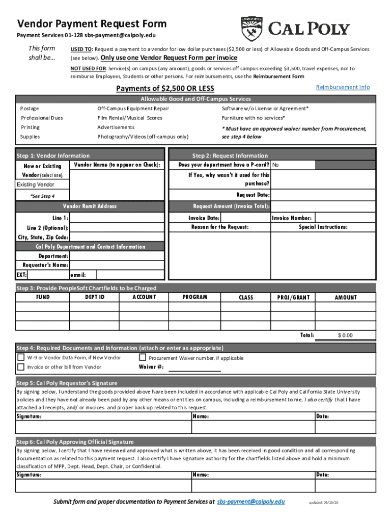 Fillable Online afd calpoly Vendor Payment Request FormFINAL5.xlsx Fax Email Print - pdfFiller