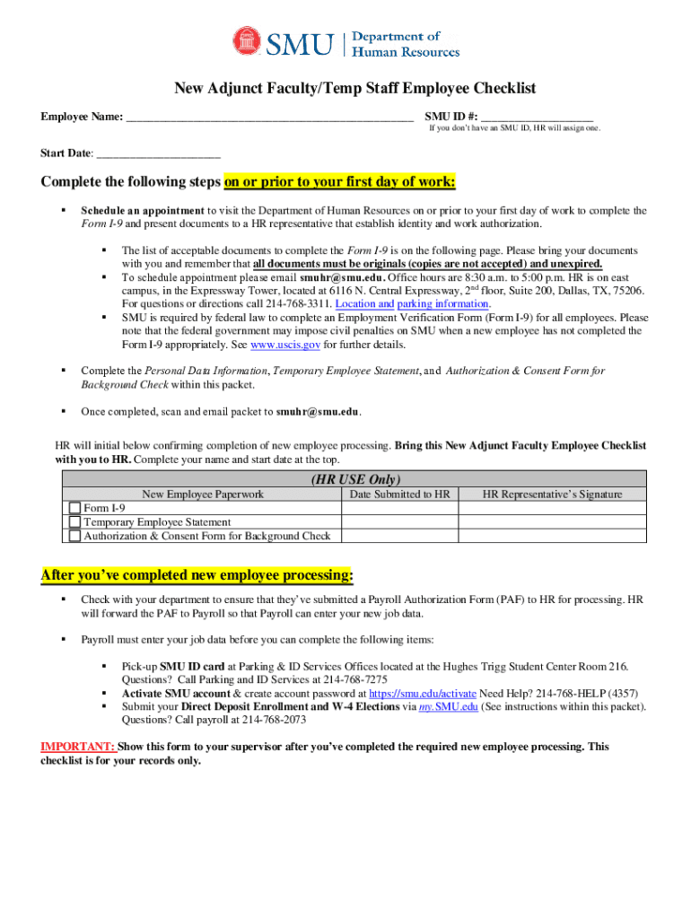 Fillable Online HIRING PROCEDURES FOR NEW ADJUNCT FACULTY/TEMP STAFF - SMU Fax Email Print ...