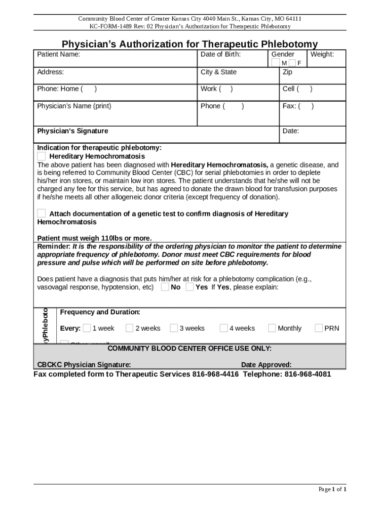 Physician's Authorization for Therapeutic Phlebotomy Doc Template ...