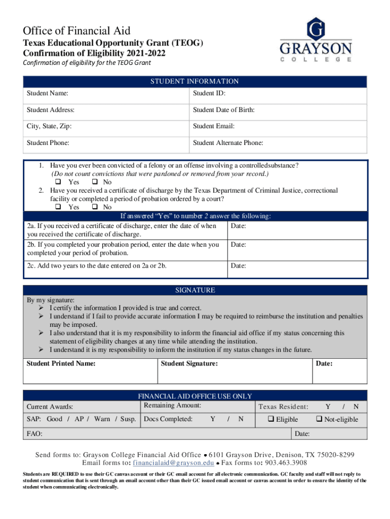 Fillable Online 21-22 TEOG Eligibility Verification - Office of ...