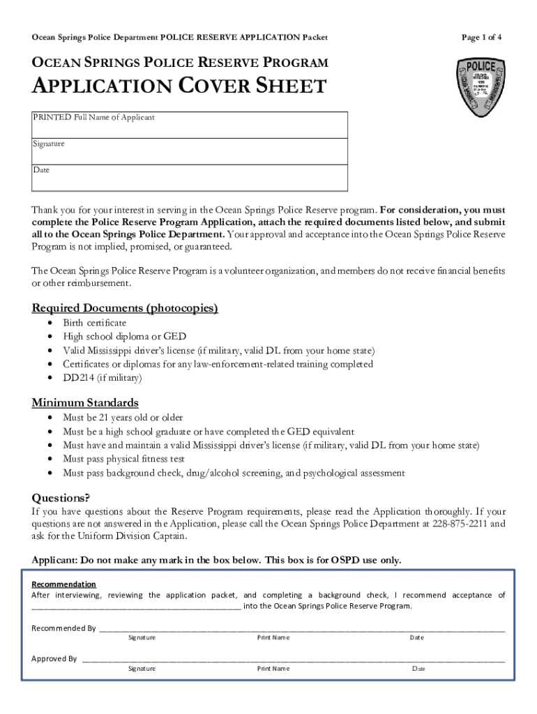 Fillable Online ocean springs police reserve program - application ...