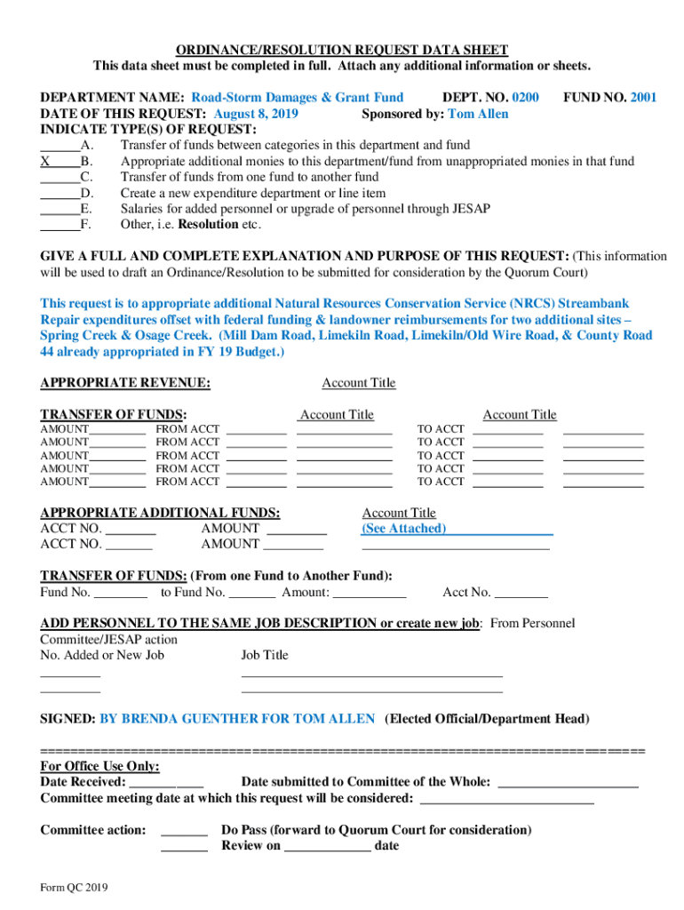 Fillable Online ORDINANCE/RESOLUTION REQUEST DATA SHEET This data sheet ...