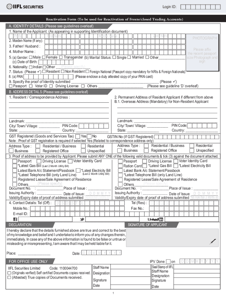 Fillable Online Reactivation Form (To be used for Reactivation of ...