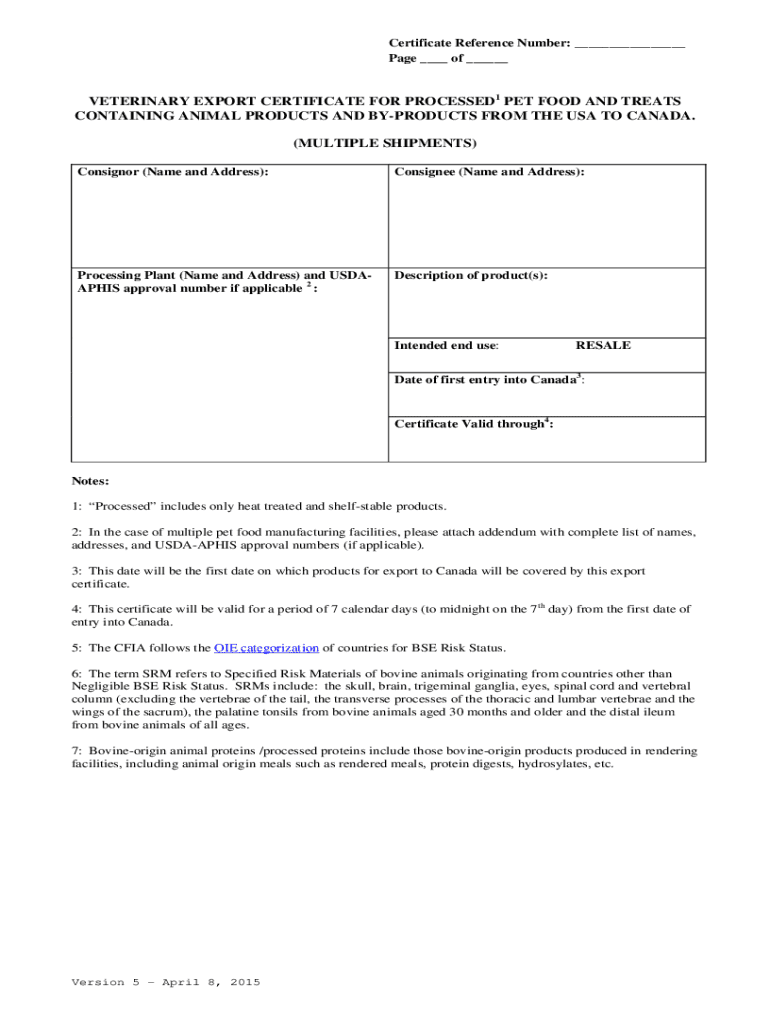 Fillable Online VETERINARY EXPORT CERTIFICATE FOR PROCESSED PET FOOD ...