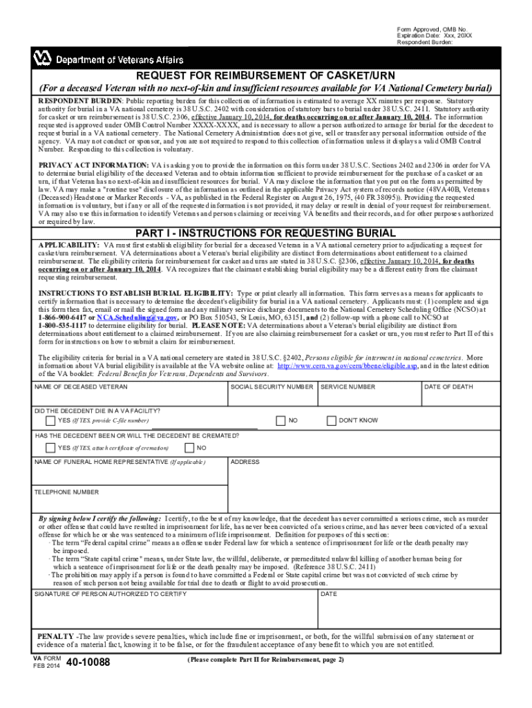 Fillable Online VA Form 40-10088, CASKET/URN REIMBURSEMENT. 40-10088 ...