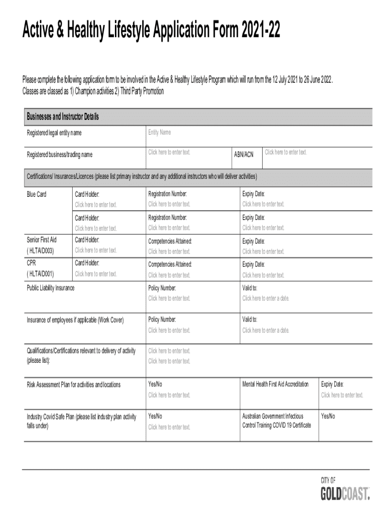 Fillable Online Active & Healthy Lifestyle Application Form 2021-22 ...