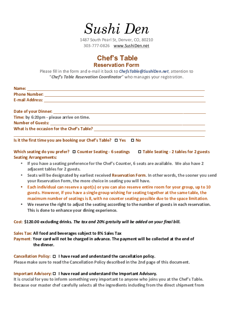 Fillable Online 2018 - Chef's Table - Reservation Form and Cancelation ...
