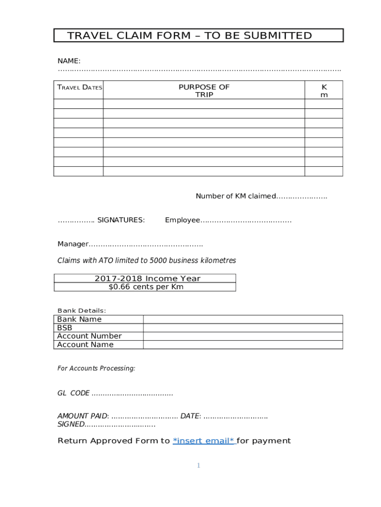 28Travel (Km) Reimbursement Claim Doc Template | pdfFiller