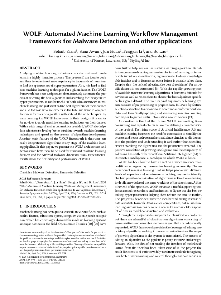 Fillable Online WOLF: Automated Machine Learning Workflow Management ...