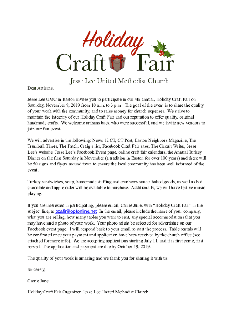 Fillable Online 2019 Holiday Craft Fair Vendor letter-Invitation Fax ...