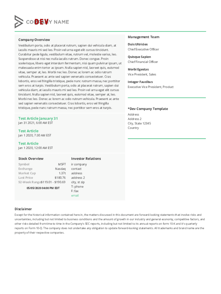 Fillable Online *Dev Company Template (Nasdaq MSFT) Tear Sheet Fax Email Print - pdfFiller