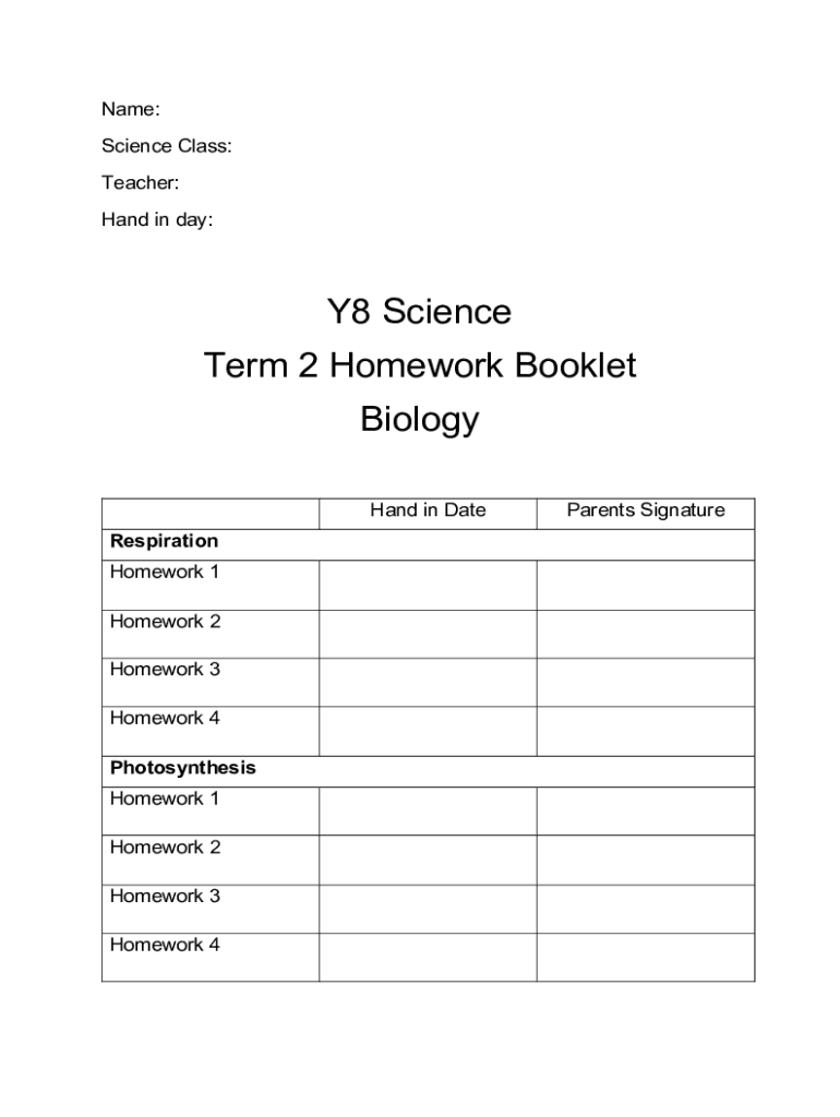 Fillable Online Y8 Science Term 2 Homework Booklet Biology Fax Email ...