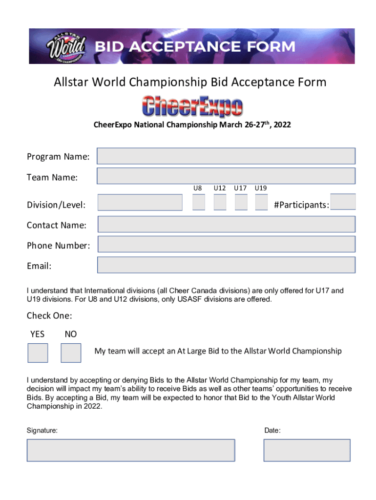 Fillable Online Allstar Worlds Bid Acceptance Form Fax Email Print ...