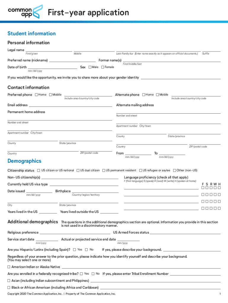 Fillable Online . Common App's first-year application for the 2020-2021 ...