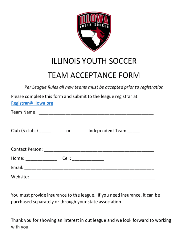 Fillable Online ILLINOIS YOUTH SOCCER TEAM ACCEPTANCE FORM Fax Email ...