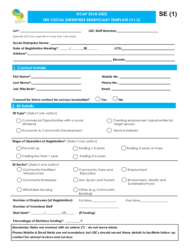 Fillable Online SICAP 2 Social Enterprise beneficiary template ...