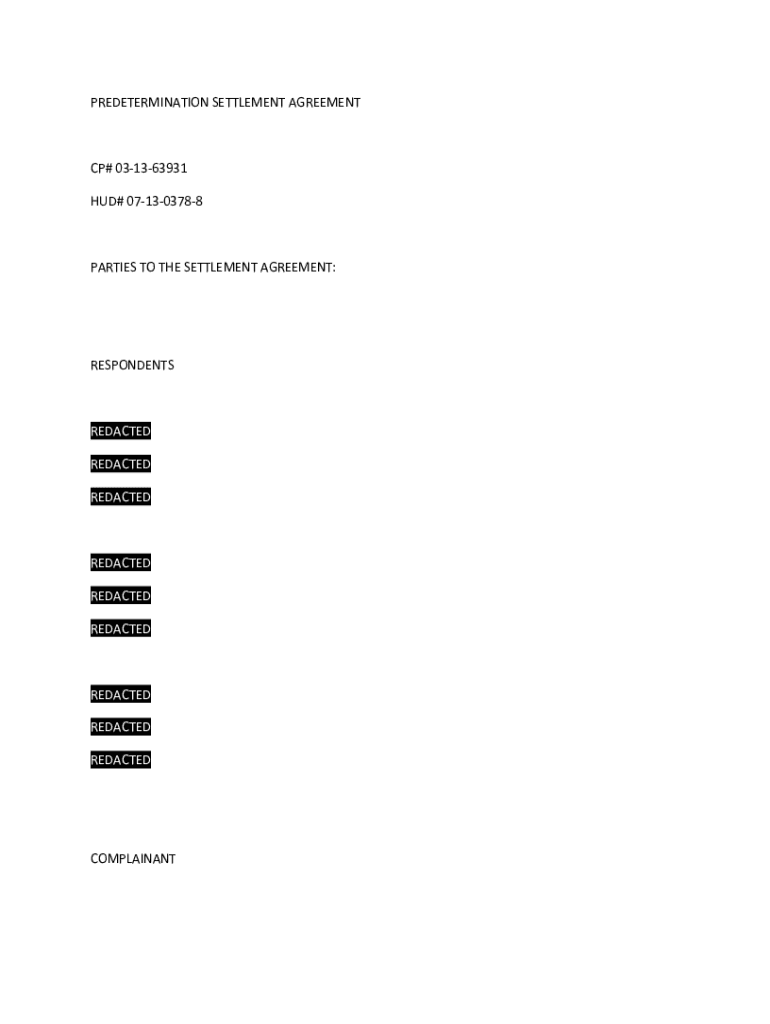 Fillable Online PREDETERMINATION SETTLEMENT AGREEMENT HUD# 07-12-0505-8 ...