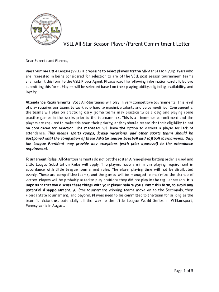 Fillable Online VSLL All-Star Season Player/Parent Commitment Letter ...