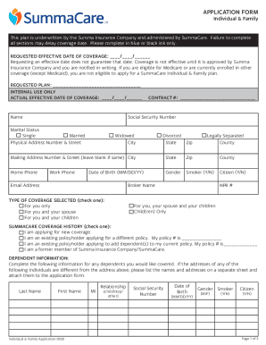 Fillable Online APPLICATION FORM - Individual & Family - SummaCare Fax ...