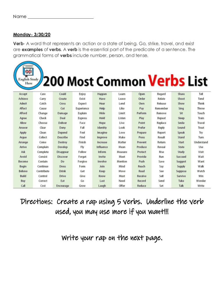 Fillable Online Directions: Create a rap using 5 verbs. Underline the ...