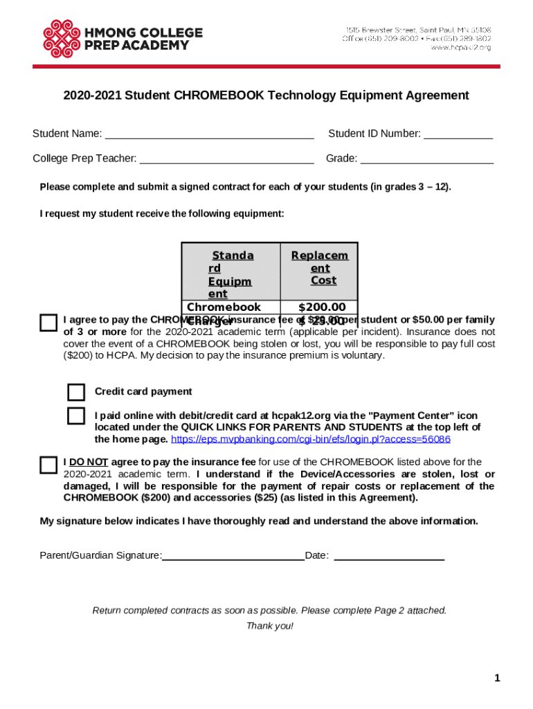 2020-2021 Student CHROMEBOOK Technology Equipment Agreement Doc ...