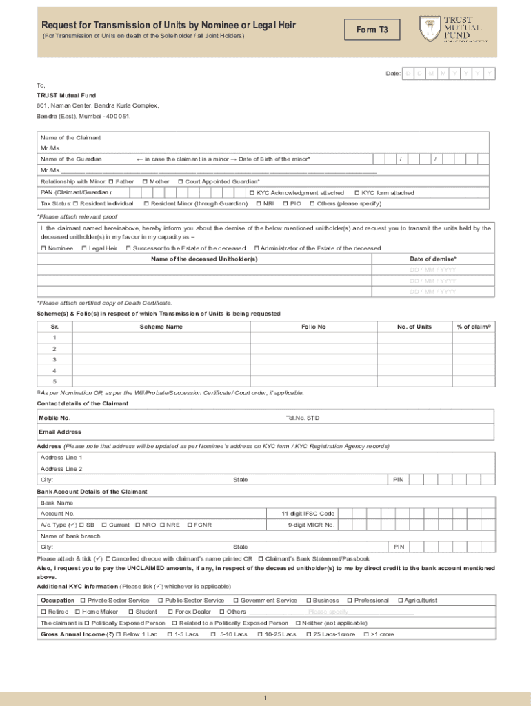 Fillable Online (For Transmission of Units on death of the Sole holder / all Joint Holders) Fax ...