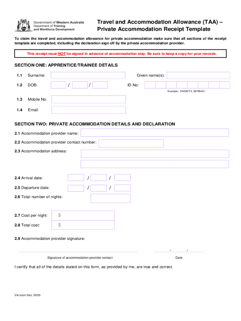 Fillable Online TAA Private Accommodation Receipt Template Dec 2020 Fax ...