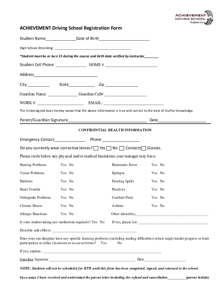 Fillable Online PDF ACHIEVEMENT Driving School Registration Form Fax ...