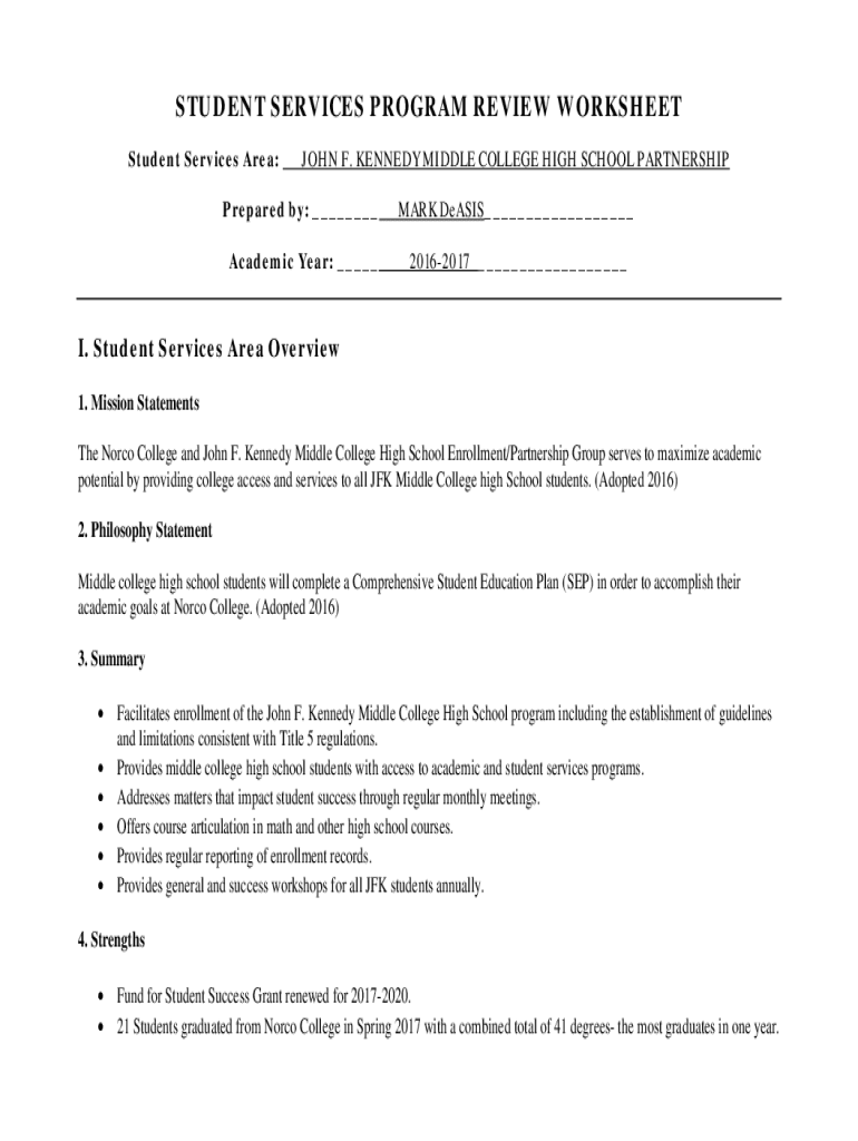 Fillable Online PDF STUDENT SERVICES PROGRAM REVIEW WORKSHEET Fax Email ...