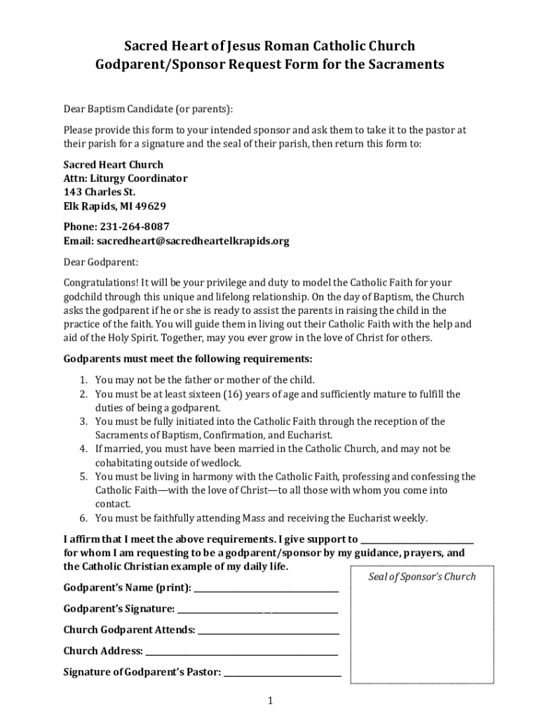 Fillable Online Sacred Heart of Jesus Roman Catholic Church Godparent ...