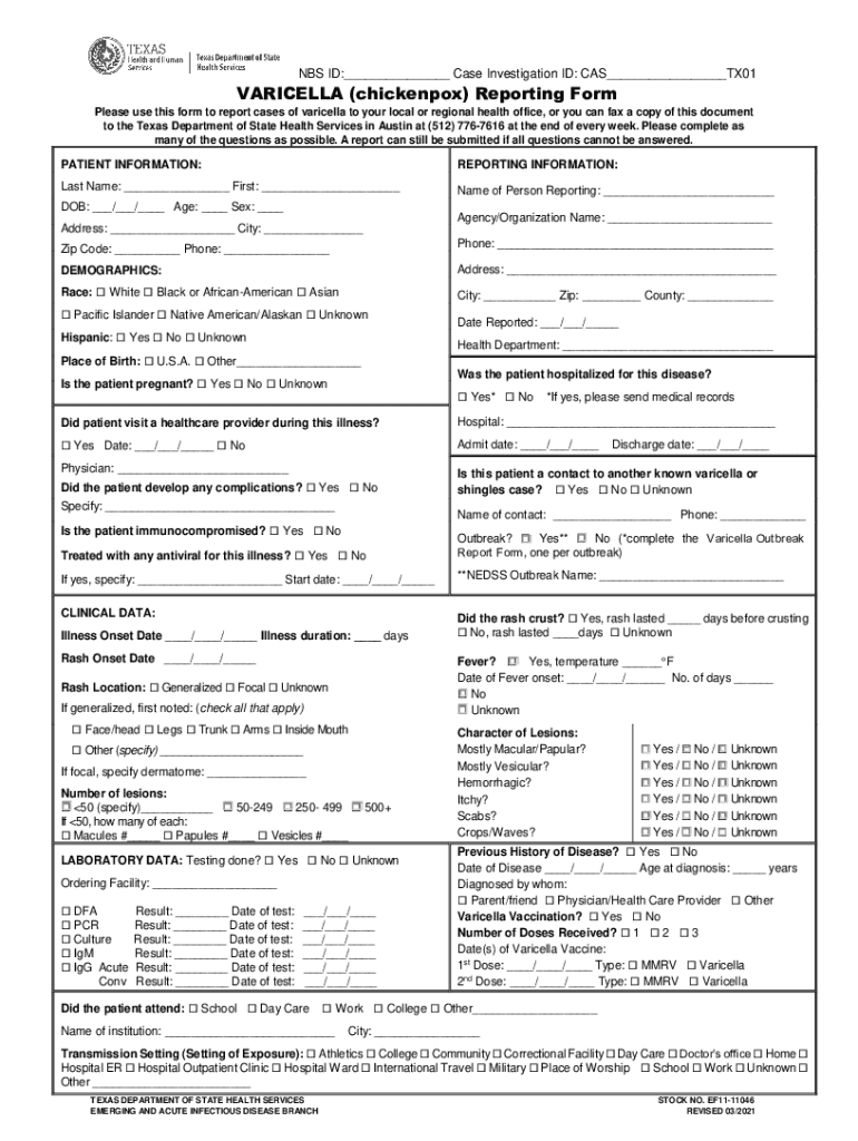 Fillable Online VARICELLA (chickenpox) Reporting Form 0321 Fax Email ...