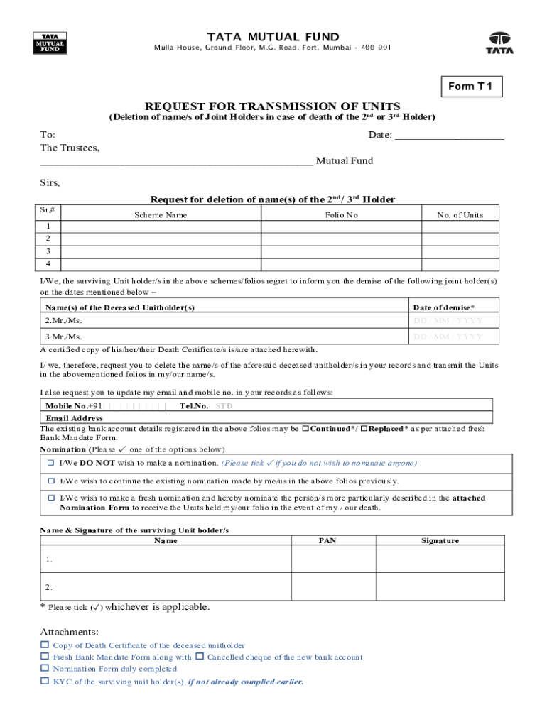 Fillable Online Form T1 REQUEST FOR TRANSMISSION OF UNITS - Tata ...