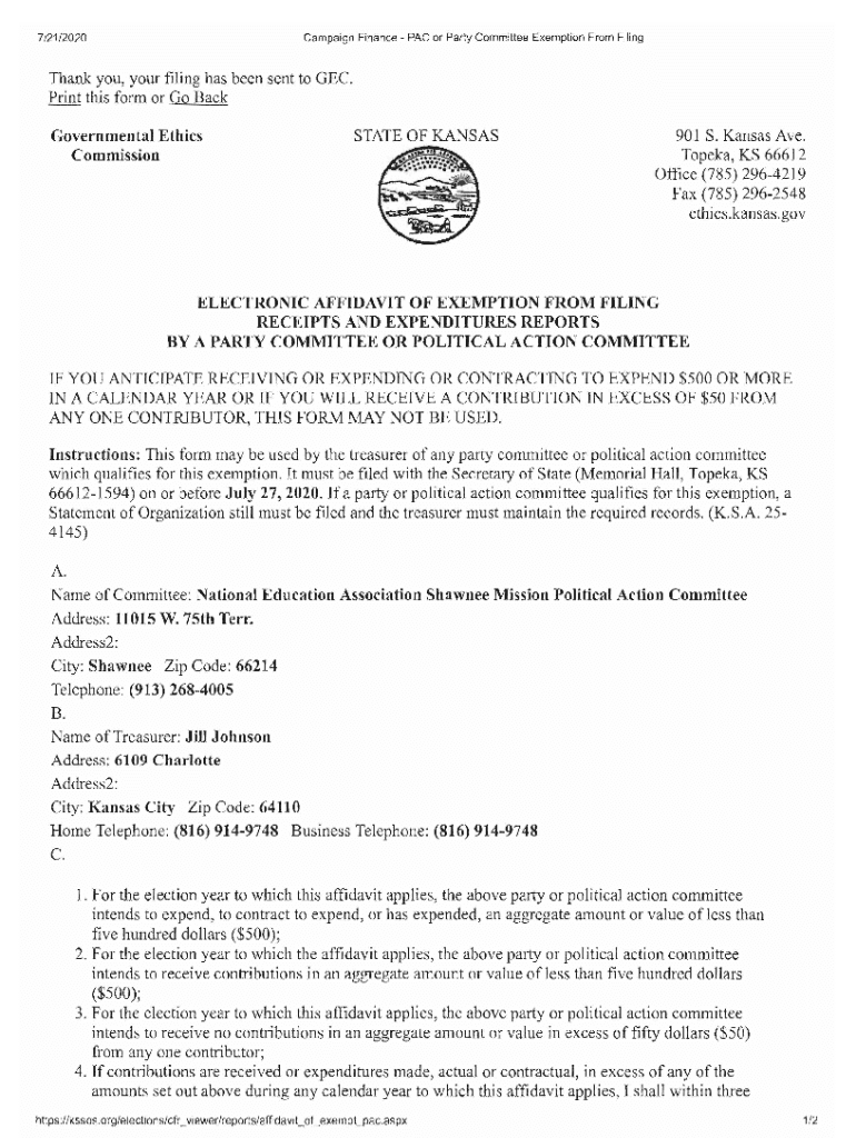 Fillable Online ethics ks FROM FILING RECEIPTS AND EXPENDITURES REPORTS ...