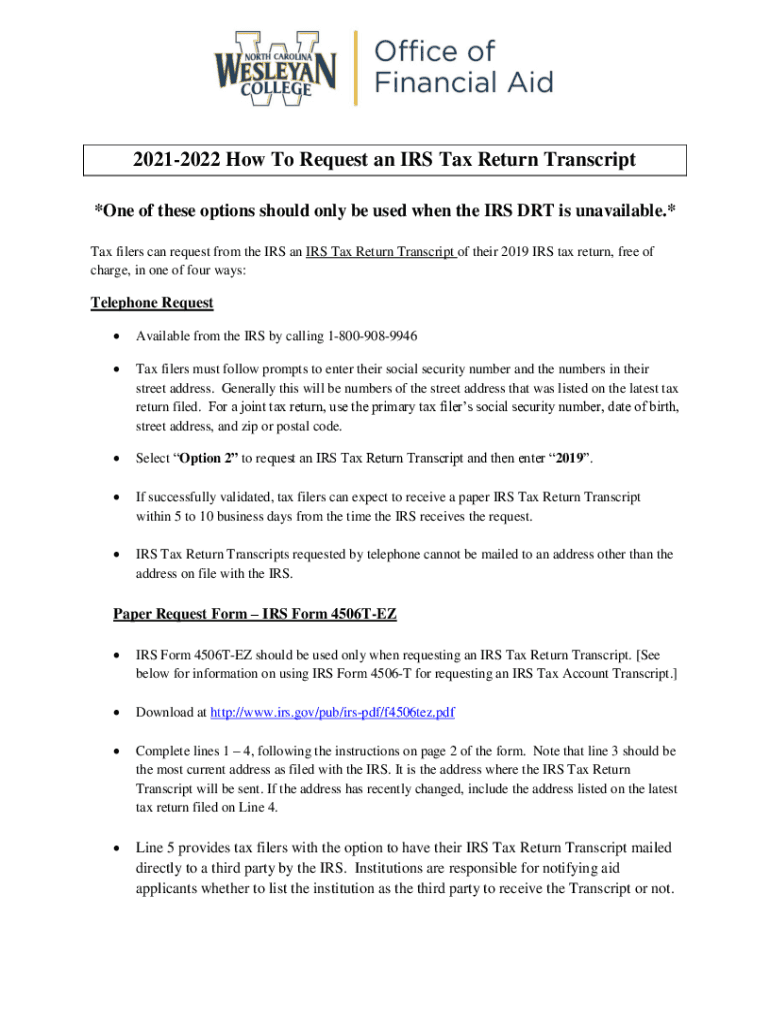 Fillable Online 2021-2022 How To Request an IRS Tax Return Transcript ...