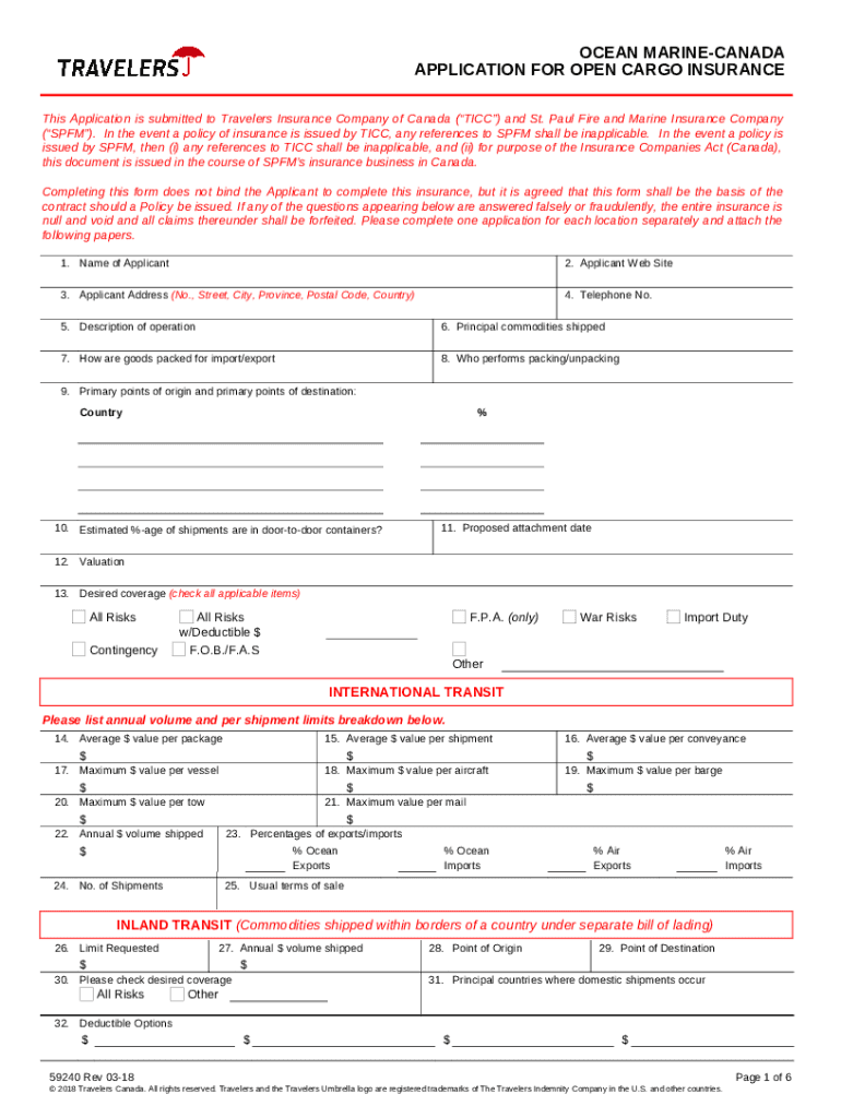Application For Open Cargo Insurance - Travelers Canada Doc Template ...
