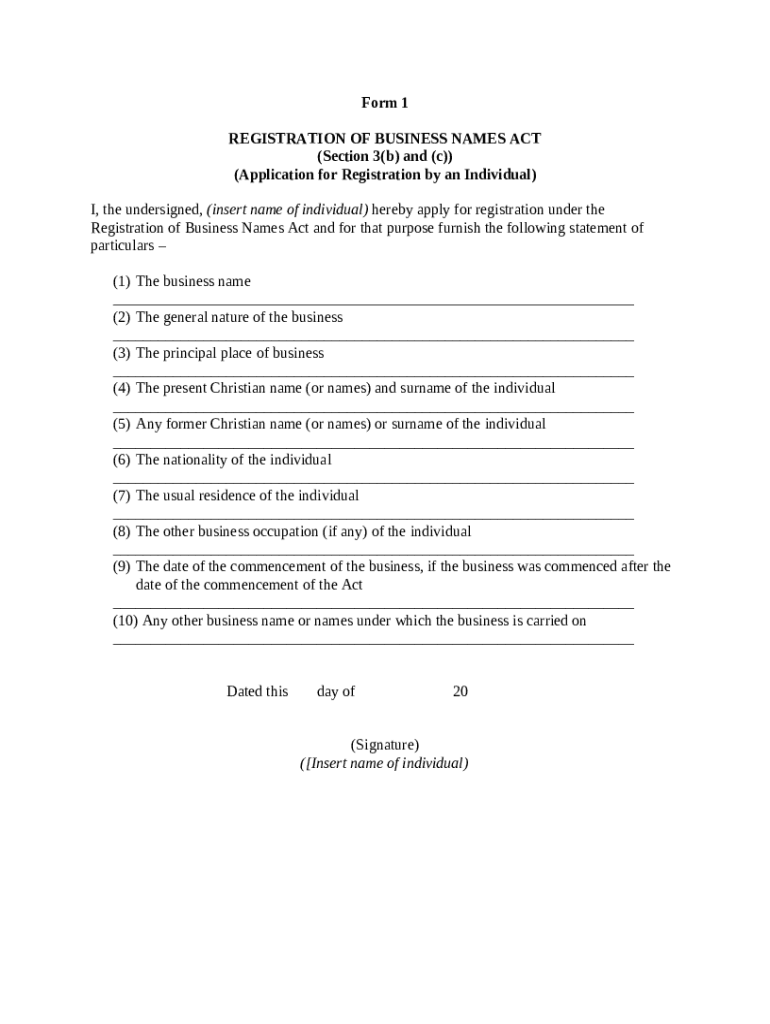 BN1 "Registration of Business Names Act Application ... Doc Template ...