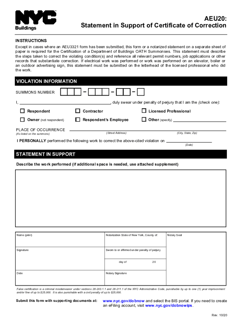 Fillable Online www1.nyc.govassetsbuildingsAEU20: Statement in Support ...