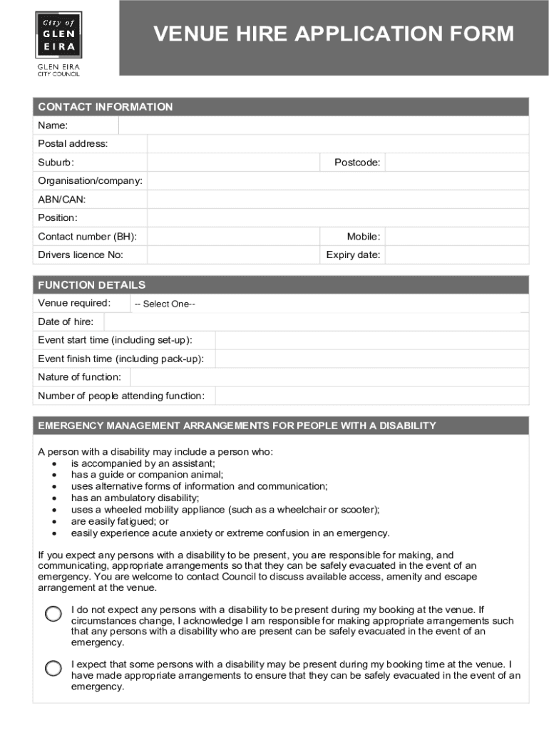 Fillable Online VENUE HIRE APPLICATION FORM - City of Glen Eira Fax ...